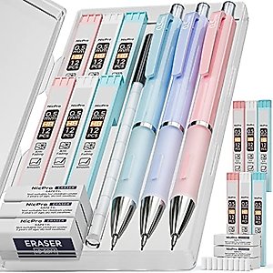 Nicpro 3 PCS Pastel Mechanical Pencil 0.5 mm for School, with 6 tubes HB Lead Refills, Erasers, Eraser Refills For Student Writing, Drawing, Sketching, Blue & Pink & Violet Colors - Come with Case