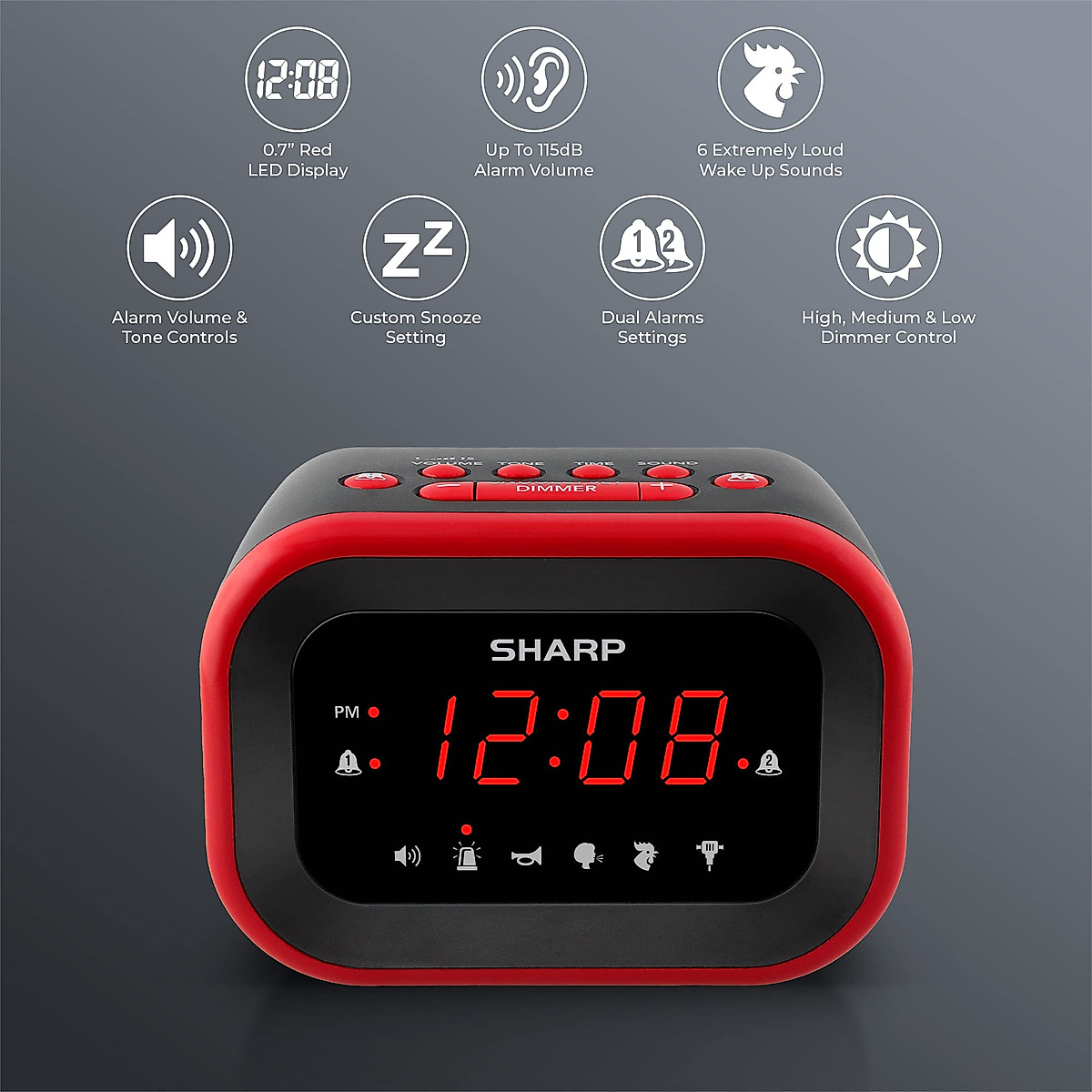 Sharp Big Bang Super Loud Alarm Clock for Heavy Sleepers, 6 Extremely Loud Wake Up Sounds: Rooster, Bugle, Nagging Mom, Jackhammer, Siren, Beep – Up to 115db Volume, Red/Black with Red LED Display
