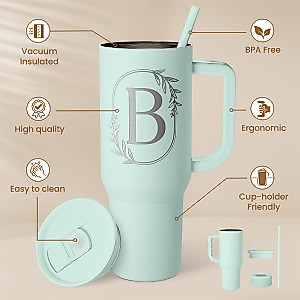 Personalized Monogrammed Tumbler with Handle 40oz, Letter B Tumblers Insulated Coffee Travel Cup, Custom Initial Gift for Women Girls Friends, Monogram Gift for Christmas Birthday Mothers Day