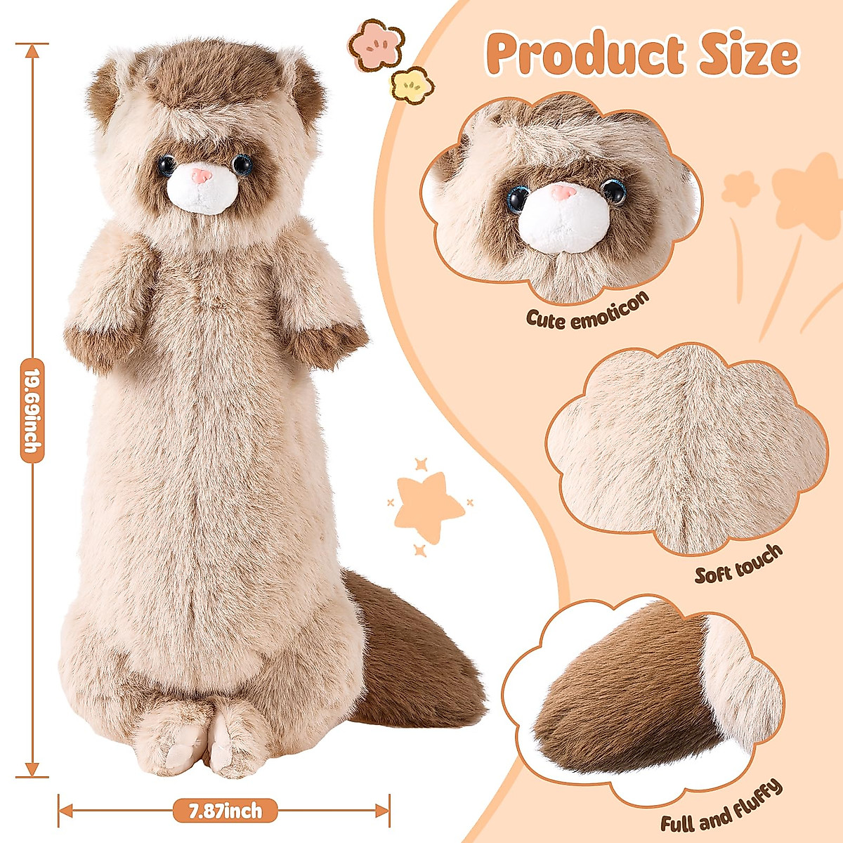 ZJoey 20.5 Inch Ferret Plush Stuffed Animal Long Cute Ferrets Pillow Soft Doll Stuffed Cute Toys Ferrets Lover Gift Kid Birthday Holiday Party Favor(Brown, 20.5 Inch)