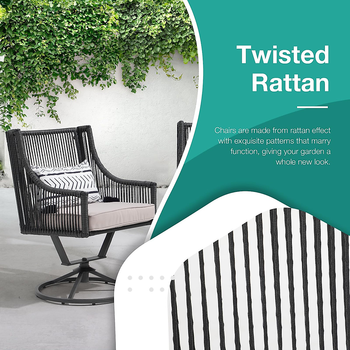 Patiorama Outdoor Swivel Dining Chairs Set of 6, Patio Wicker Dining Chairs, All-Weather Twisted PE Rattan Chairs, Outside Metal Swivel Chair with Cushion for Lawn Garden Backyard, Black/Light Gray