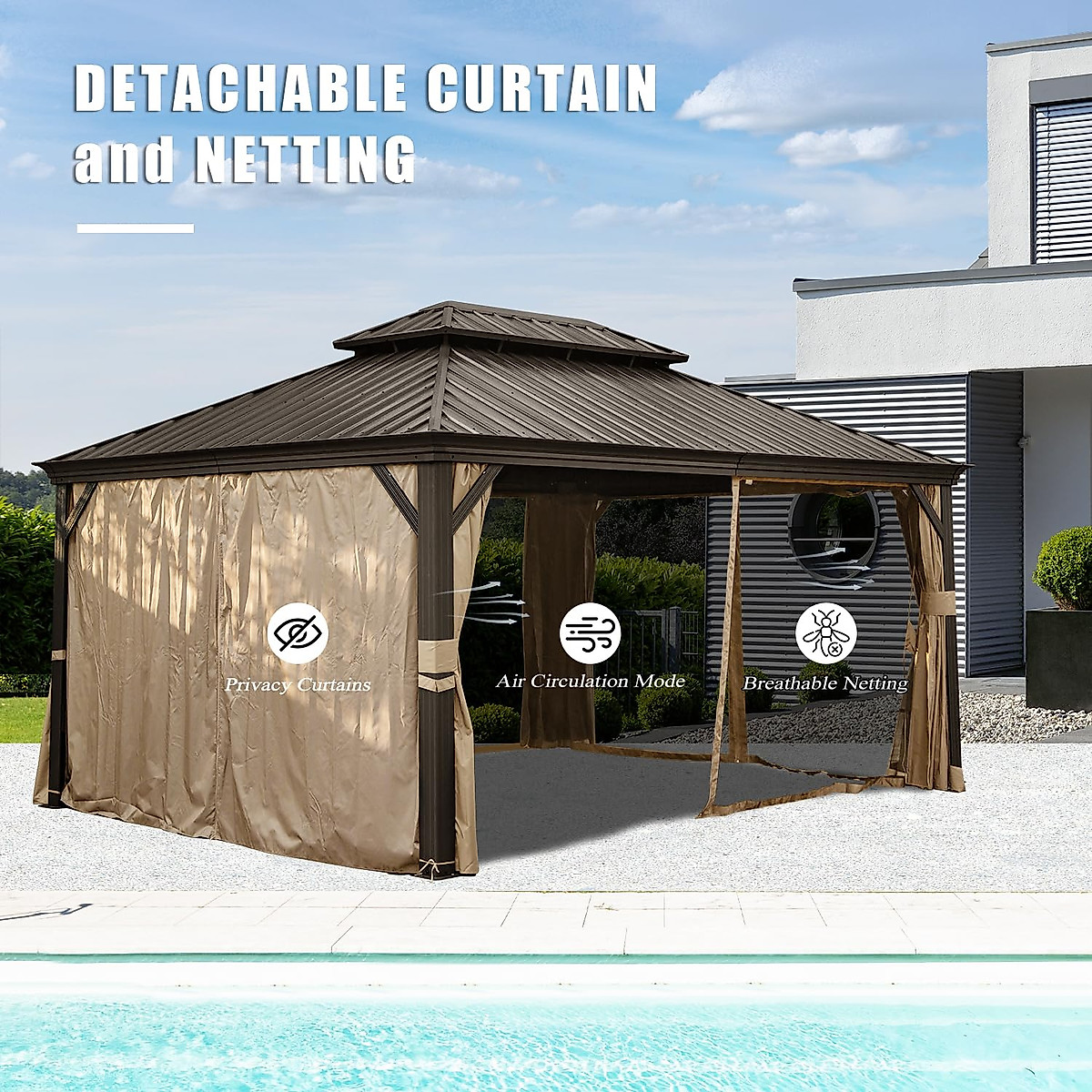 Domi 12'x14' Hardtop Gazebo with Gutters, Outdoor Aluminum Frame Canopy with Galvanized Steel Double Roof, Outdoor Permanent Metal Pavilion with Curtains and Netting for Patio, Backyard and Lawn