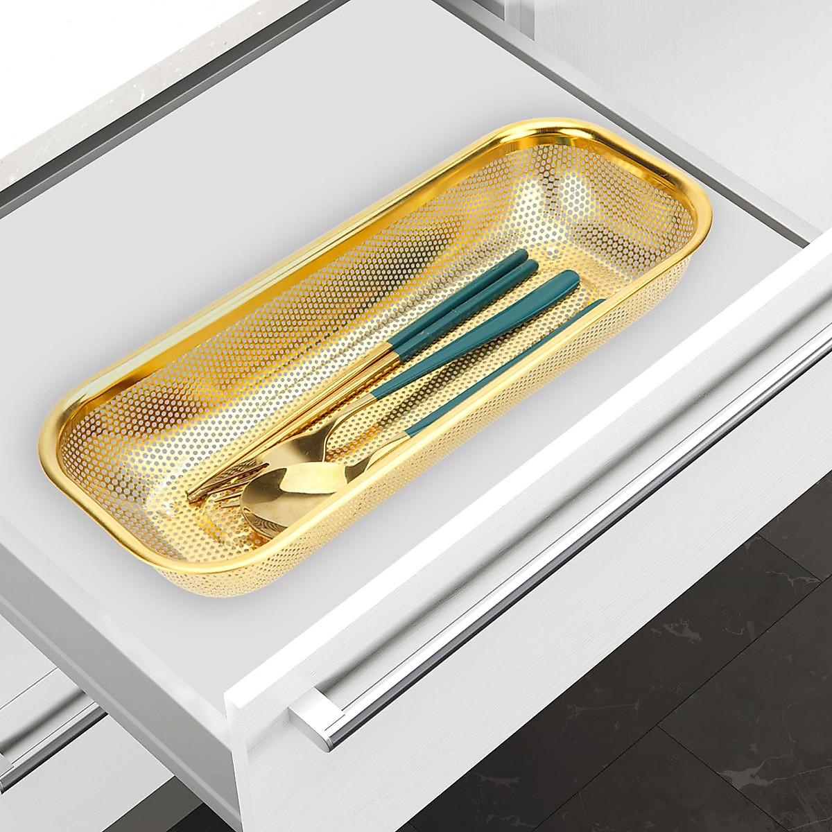 Snailhouse Silverware Organizer, 2 Pack Stainless Steel Utensil Cutlery Flatware Spoon Tray Organizer Holder Storage Box Case Divider for Kitchen Drawer, Gold