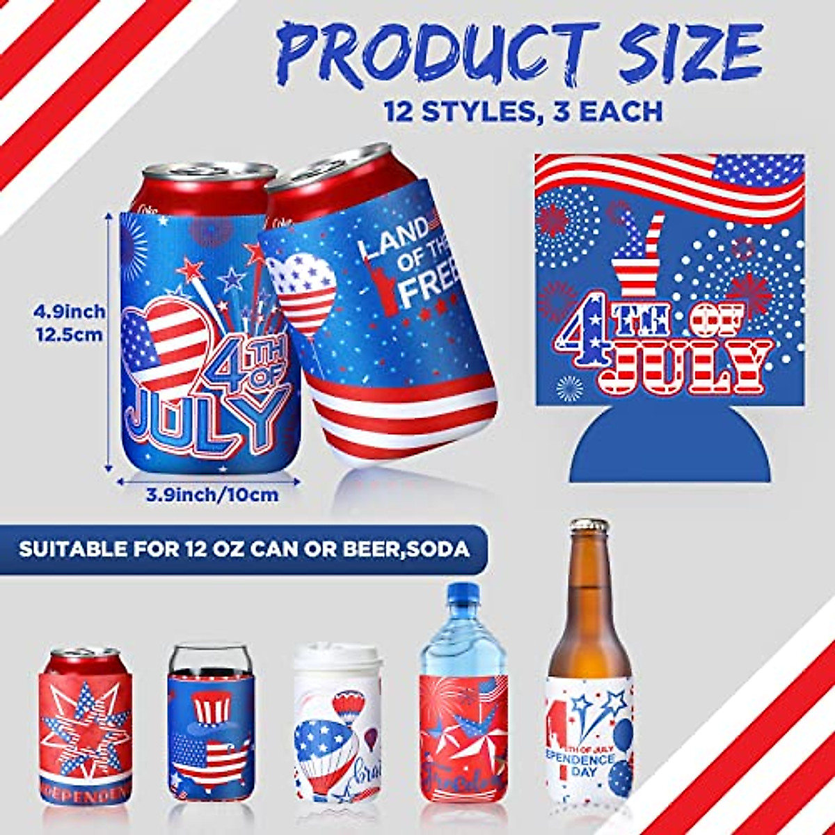 24 Pcs 4th of July Can Cooler Sleeve Independence Day Can Coolers American Flag Patriotic Funny Collapsible Neoprene Insulators for 12 oz Beer Drink Can Bottle Party Supplies
