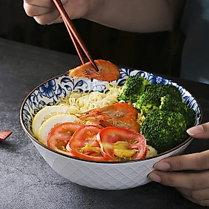 AnBnCn 40 OZ Large Ceramic Bowls Set of 4 - Blue and White Porcelain - Ideal for Pho, Ramen, Salad, Soup, Cereal and Fruit - Dishwasher & Microwave Safe(Assorted Patterns)