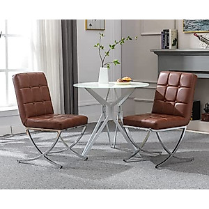 CIMOTA Modern Tufted Dining Chairs Set of 2 Upholstered Leather Dining Room Chairs Kitchen Chairs Comfy Armless Side Chairs with Chrome Metal X Legs for Dining Room/Living Room, PU Brown/2PCS