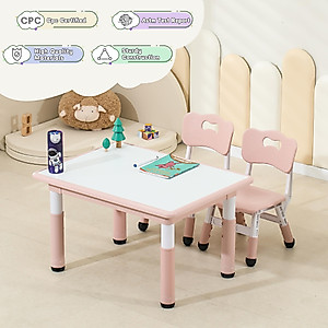 Kids Table and Chairs, Height-Adjustable Toddler Table and Chair Set with 31.5''Lx23.6''W Graffiti Desktop, Table Chair for Ages 3-8, Childrens Table and Chair Set for Daycare with 2 Chairs, Pink