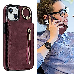 Nunwiza for iPhone 14 Case/iPhone 13 Case Wallet with Card Holder, Leather Protective Case Purse with Ring Holder for Apple iPhone 14 6.1 inch Wine Red