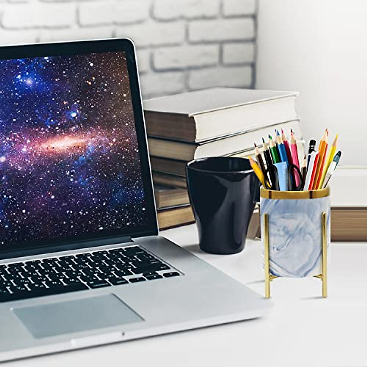 Rotating Marble Utensil Holder for Kitchen Countertop, Spoon Holder for Dining Table, Marble Ceramics with Durable Metal Frame 3.15 * 4.7 inch Blue and Gold 2 PCS