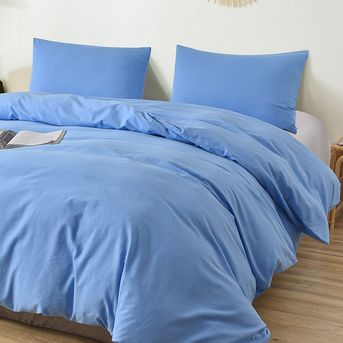 Colourful Snail 100-Percent Natural Washed Cotton Duvet Cover Set, Ultra Soft and Easy Care, Zipper Closure, Corner Ties, Simple Bedding Style, King, Blue (Comforter Not Included)