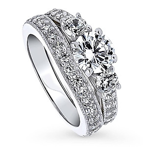 BERRICLE Sterling Silver 3-Stone Wedding Engagement Rings Round Cubic Zirconia CZ Ring Set for Women, Rhodium Plated Size 8