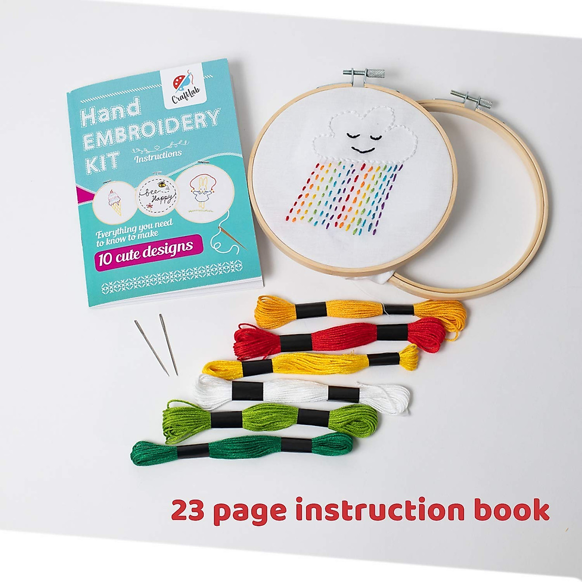 CraftLab Embroidery Sewing Kit for Beginners, Kids Craft Kit Gift for Girls Boys Ages 8-12, 10 Projects, Embroidery Hoops, Fabric, Patterns, Floss, Needles, Needlepoint Cross Stitching Supplies