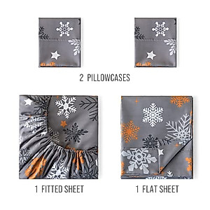 KeoWin Queen Bed Sheet Set 4PC 100% Microfiber up to Around 15" Deep Pocket, Super Soft Cooling Breathable Brushed Double Bedding, Machine Wash, Easy Care, Wrinkle Free - Snowflake (Grey)