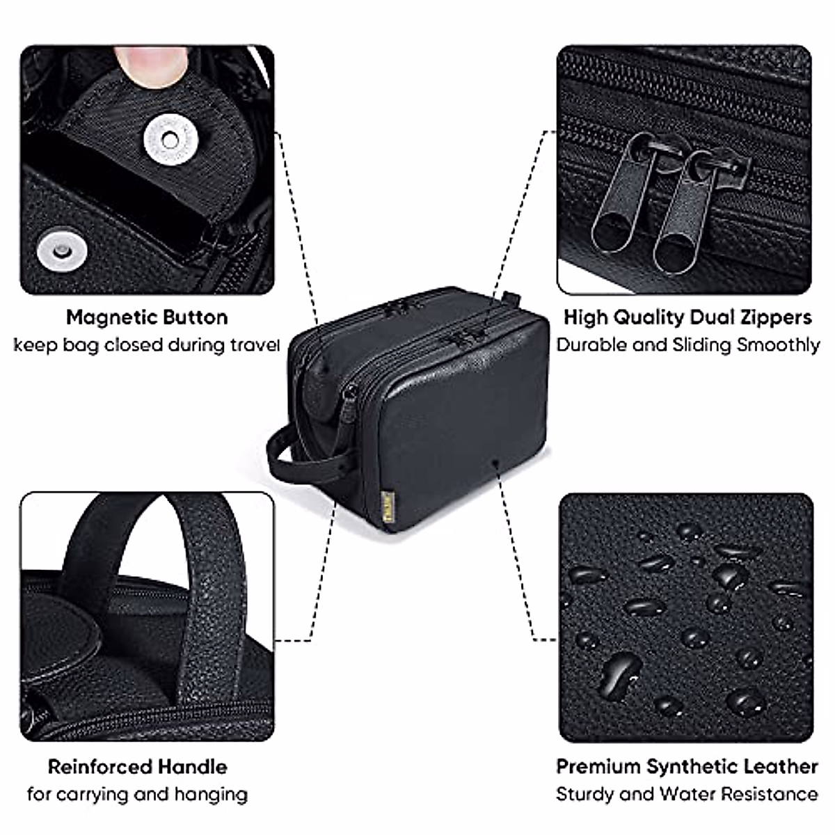 BALEINE Toiletry Bag for Men, Large Travel Toiletries Bags with Water-Resistance Compartment, PU Leather Dopp Kit (Medium, Black)