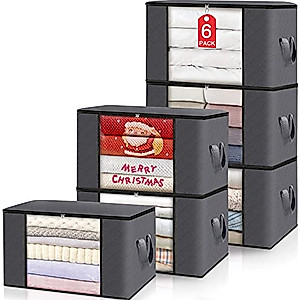 BlissTotes Storage Clothing Bags Storage Clothes Organizer with Reinforced Handle Sturdy Fabric Clear Window for Blankets, Bedding, Collapsible with Sturdy Zipper, 6 Pack, 60L, Grey