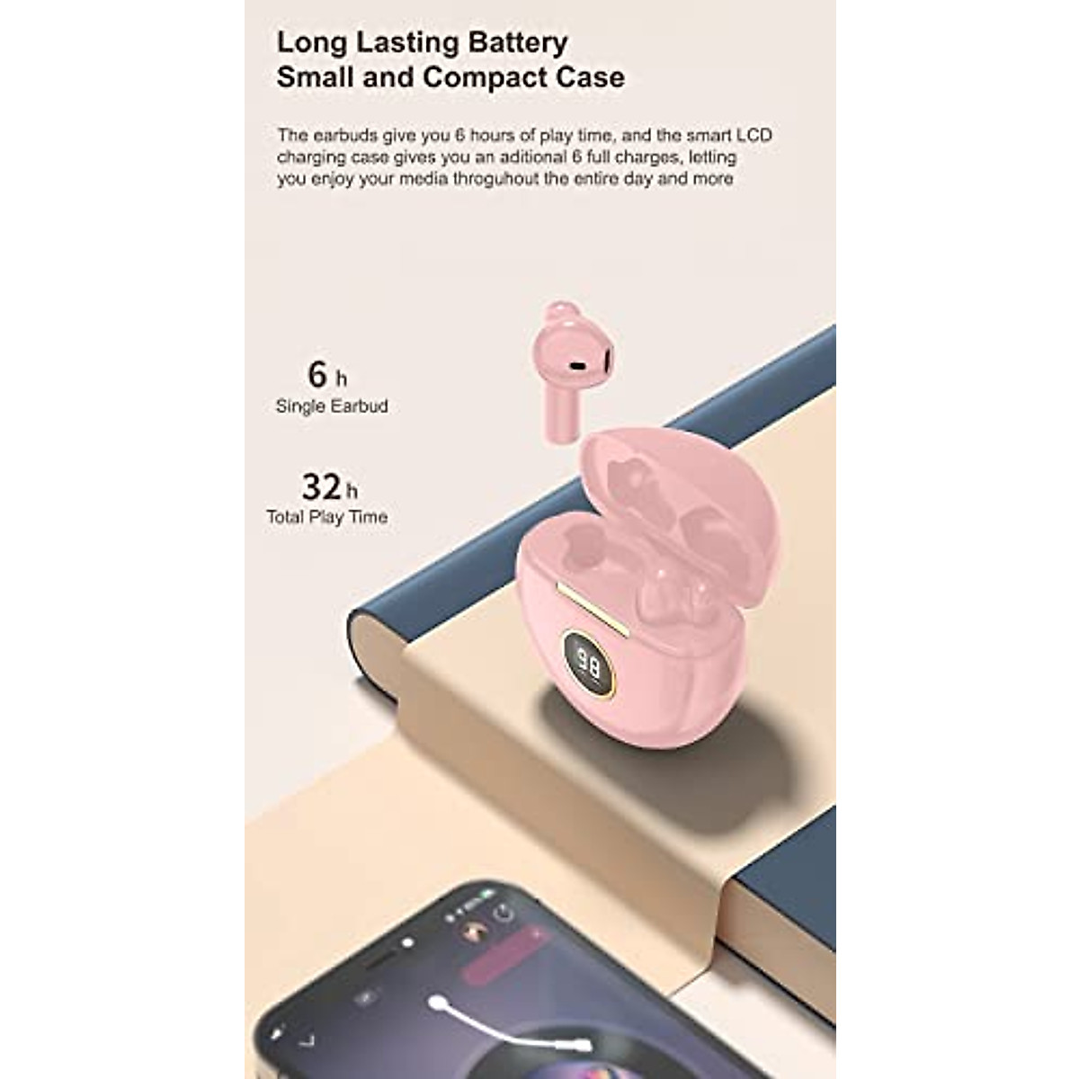 eDealz in-Ear Wireless Bluetooth 5.1 Headphones, Earbuds IPX7 Waterproof with Microphone Rechargeable USB C Case with Round LCD Display for Smartphones Android iOS (Pink)