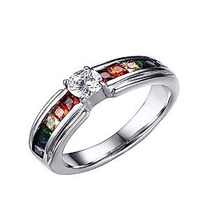 JAJAFOOK 316L Stainless Steel LGBT Gay& Lesbian Pride Rainbow CZ Cubic Zirconia Wedding Engagement Rings