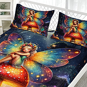 AILONEN Beautiful Fairy Fitted Sheet Set Twin Size, Butterfly Mushroom Fairy Bedding Set for Kids,Girls,Forest Spirit Bed Sheet Set,3-Pieces, 1 Fitted Sheet and 2 Pillowcases,All Season,Soft