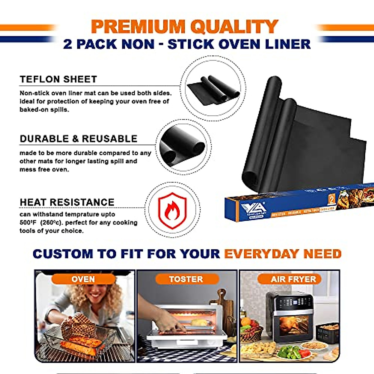 Oven Liners for Bottom of Oven, 2 Pack Large Thick Heavy Duty 100% Non-stick Reusable Teflon Oven Mat, 25”x17” Baking Mat for Electric, Gas, Toaster Ovens, Grills,Kitchen Friendly Cooking Accessory