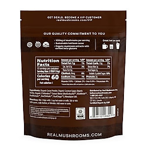 Real Mushrooms Organic Hot Chocolate Mix with 5 Defenders Turkey Tail, Chaga, Maitake, Shiitake, Reishi Mushroom - Cacao Powder Vegan Supplement, Gluten-Free, 15 Servings