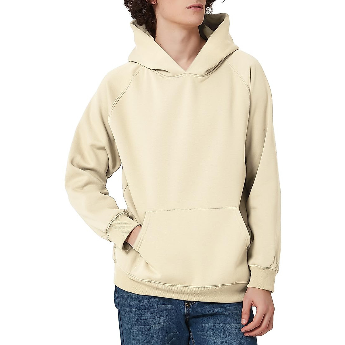 FLYCHEN Men's Solid Color Loose Hoodie Hip Hop Couples Long Sleeve Unisex Sweatshirt Apricot L