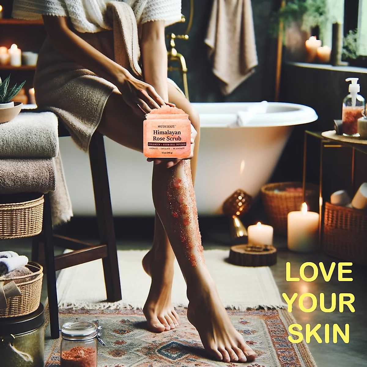 MYSTÉRE BEAUTÉ Himalayan Salt Body Scrub 12 oz - with Collagen and Stem Cells - Exfoliating Salt Scrub for Cellulite - Deep Cleansing for Acne, Scars, Wrinkles - Moisturizes Skin