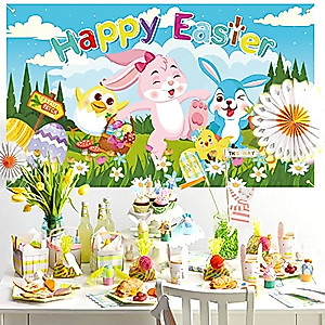 HOWAF Large Fabric Easter Party Decorations, Happy Easter Egg Bunny Hunt Banner and Chick Sign Easter Hunt Game Banner Poster for Photo Booth Backdrop with Rope for Spring Easter Party Supplies