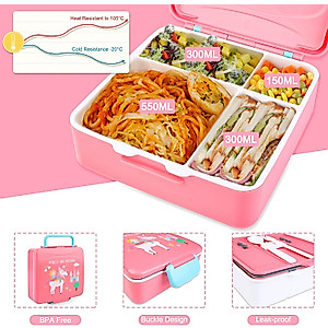 Bento Lunch Box for Kids, Unicorn Lunch Box with 4 Compartment Bento,1300ml Lunch Container with Sauce Jar/ Spoon/ Fork, Leak Proof, Microwave/ Dishwasher Safe, BPA-Free and Food-Safe Materials (Pink)