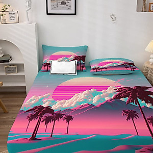 Full Size Sheet Sets - Vaporwave Bed Sheets, Neon Tropical Landscape Bedding Sheets & Pillowcases, Soft Microfiber & Deep Pocket & Wrinkle Free Sheet Set, 1 Fitted Sheet, 1 Flat Sheet, 2 Pillow Cases