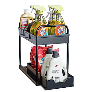 EWQKPEL 2 Tier Under Sink Organizers and Storage, Sliding Drawer Bathroom Kitchen Sink Organizer with 4 Hooks 2 Handles, Multi-purpose Under Cabinet Shelf, Bath Collection Basket