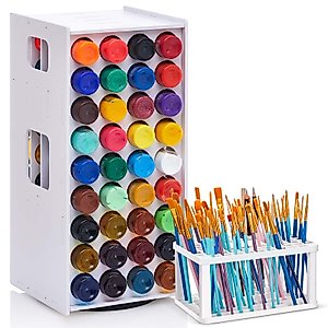 Juexica Acrylic Paint Organizer Craft Paint Storage for 2 oz Craft Paints with Paintbrush Stand Vertical Paint Organizer Holder Wall Mounted Stand Plastic 360 Spinning Paint Storage Tower(72 Holes)