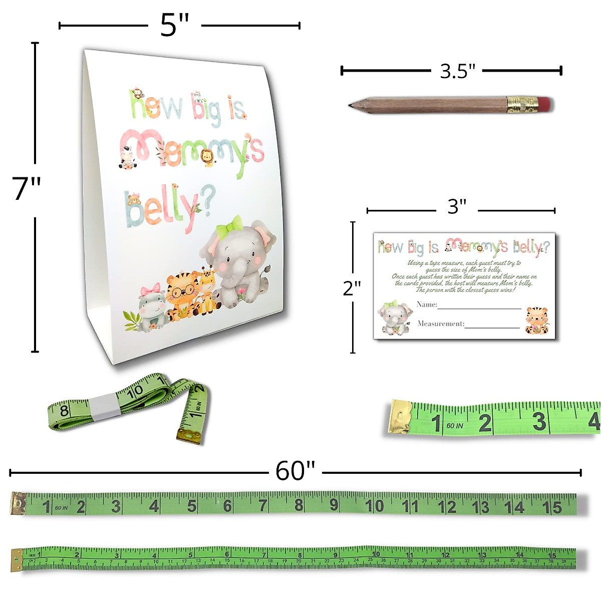 How Big is Mommys Belly Game cinta para medir la panza Measure the Belly Baby Shower Game 62 Piece for 50 Players Safari Theme Baby Shower Bundle With Baby Measuring Tape