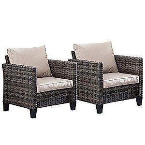 OVIOS Patio Furniture Set 2 Wicker Chairs All Weather Outdoor Single Chairs Patio Dining Chairs Manual Weaving Rattan Sofa, Garden Porch Backyard, Steel (Beige)