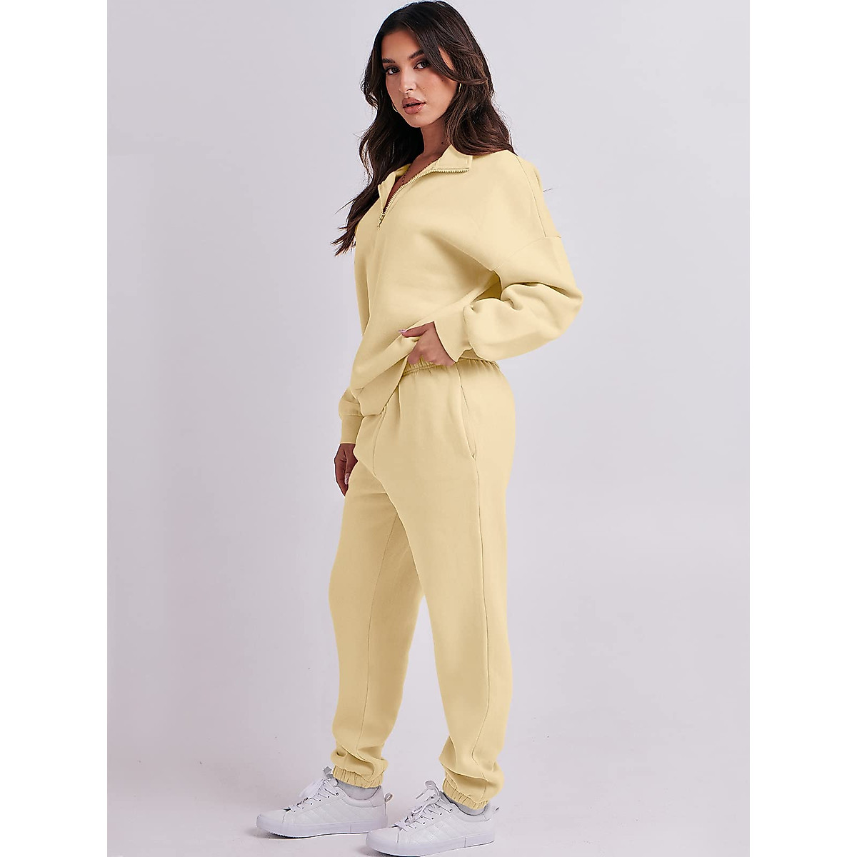 Prinbara Women 2 Piece Outfits Sweat Set 2024 Fall Oversized Sweatshirts Jogger Sweatpants Lounge Sets Tracksuit Khaki Small