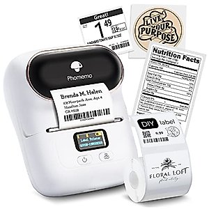 Phomemo Barcode Label Printer M110 Label Printer, Upgraded Bluetooth Portable Thermal Label Maker for Small Business, Address, Office, Home for Phone; for PC/Mac(USB), with 100pcs Labels, Snow White