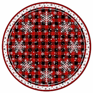 Red Christmas Round Area Rug 4ft Buffalo Plaid Farmhouse Snowflake Washable Outdoor Indoor Carpet Runner Rug for Bedroom,Kitchen,Bathroom,Living/Dining/Laundry Room,Office Large Bath Door Floor Mat
