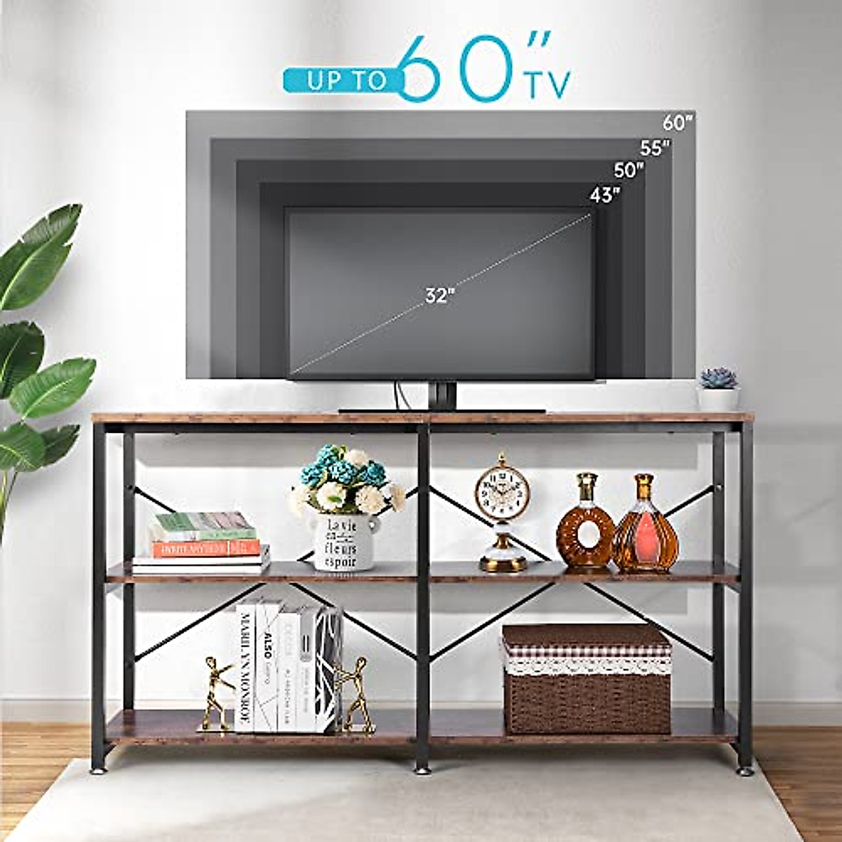 VIVOHOME 55 Inch Narrow Console Table, Industrial Sofa Table Behind Couch with 3-Tier Storage Shelves, Metal Frame, Easy Assembly, for Entryway, Hallway, Living Room