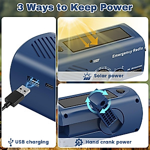 Emergency Hand Crank Radio AM/FM with LED Flashlight, Portable Weather Radio with Solar Charging Manual Crank and Battery Operation, Mergency Phone Charging for Home Outdoor Camping（Blue）
