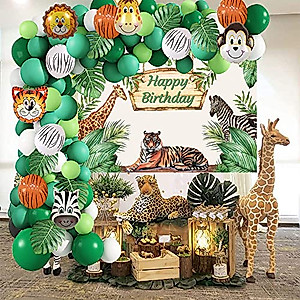 Safari Birthday Decorations for Boy Jungle Theme Party Supplies Green Balloon Garland Arch Kit with Happy Birthday Backdrop Animal Balloons Palm Leaves