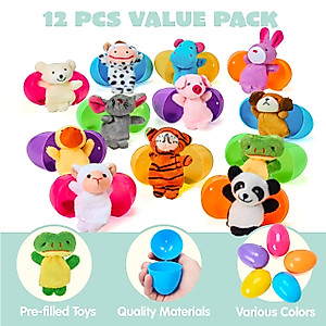 JOYIN 12pcs Prefilled Easter Eggs with Toys, Plastic Eggs with Finger Puppets, Basket Stuffers for Toddlers & Babies, Easter Theme Party Favors