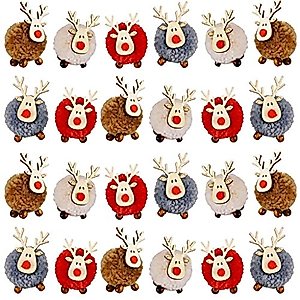 PartyYeah 24Pcs Christmas Cute Wool Felt Wooden Elk Antler Pendants Christmas Tree Decorations Cute Deer Craft Ornament for Christmas 2022 New Year Home Decor