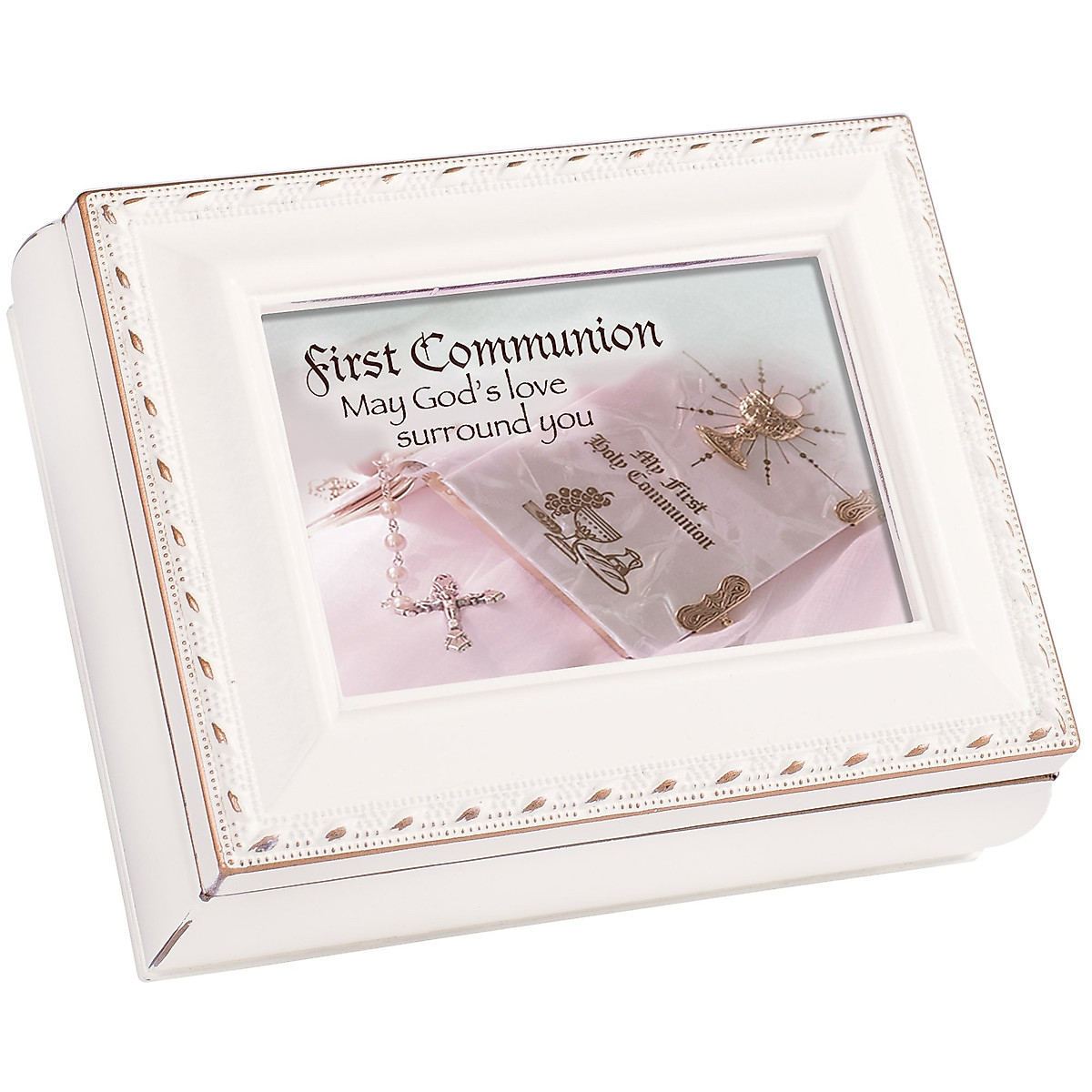 Cottage Garden First Communion Ivory Rope Trim 4.5 x 3.5 Tiny Square Jewelry Keepsake Box