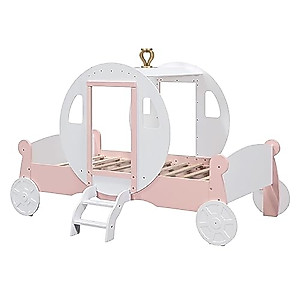 Twin Size Princess Bed with Carriage Shaped Appearance, Wood Girls Bed with Headboard and Footboard, Little Girl Platform Bed, No Box Spring Needed, Pink+White