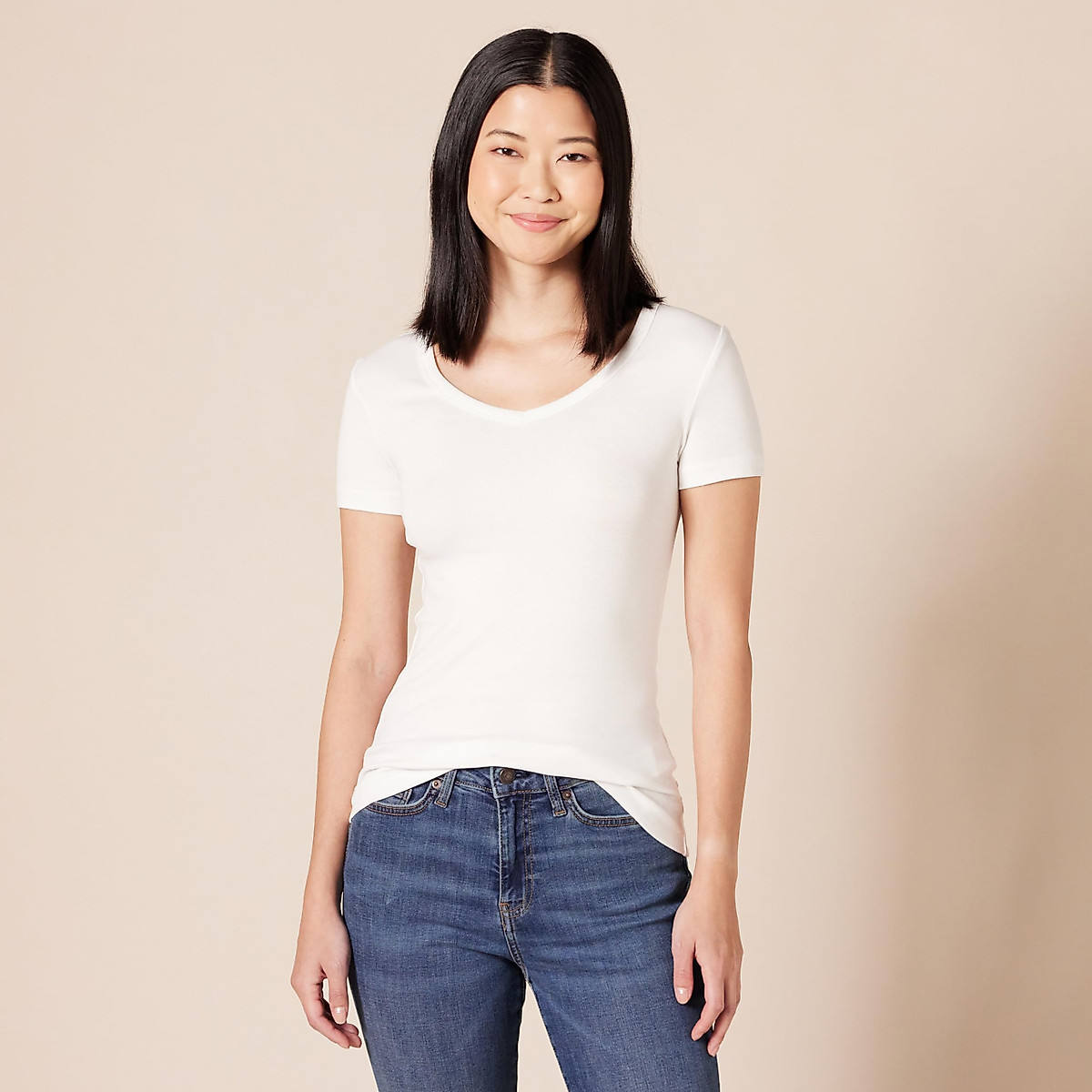 Amazon Essentials Women's Slim-Fit Short-Sleeve V-Neck T-Shirt, Pack of 2, White, Large