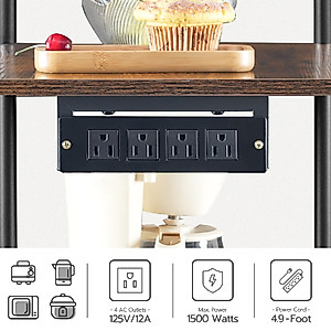 HOOBRO Kitchen Bakers Rack with Power Outlet, 5-Tier Free Standing Kitchen Storage Shelf Rack, Microwave Stand with 4 S-Shaped Hooks, Rustic Brown and Black BF55UHB01