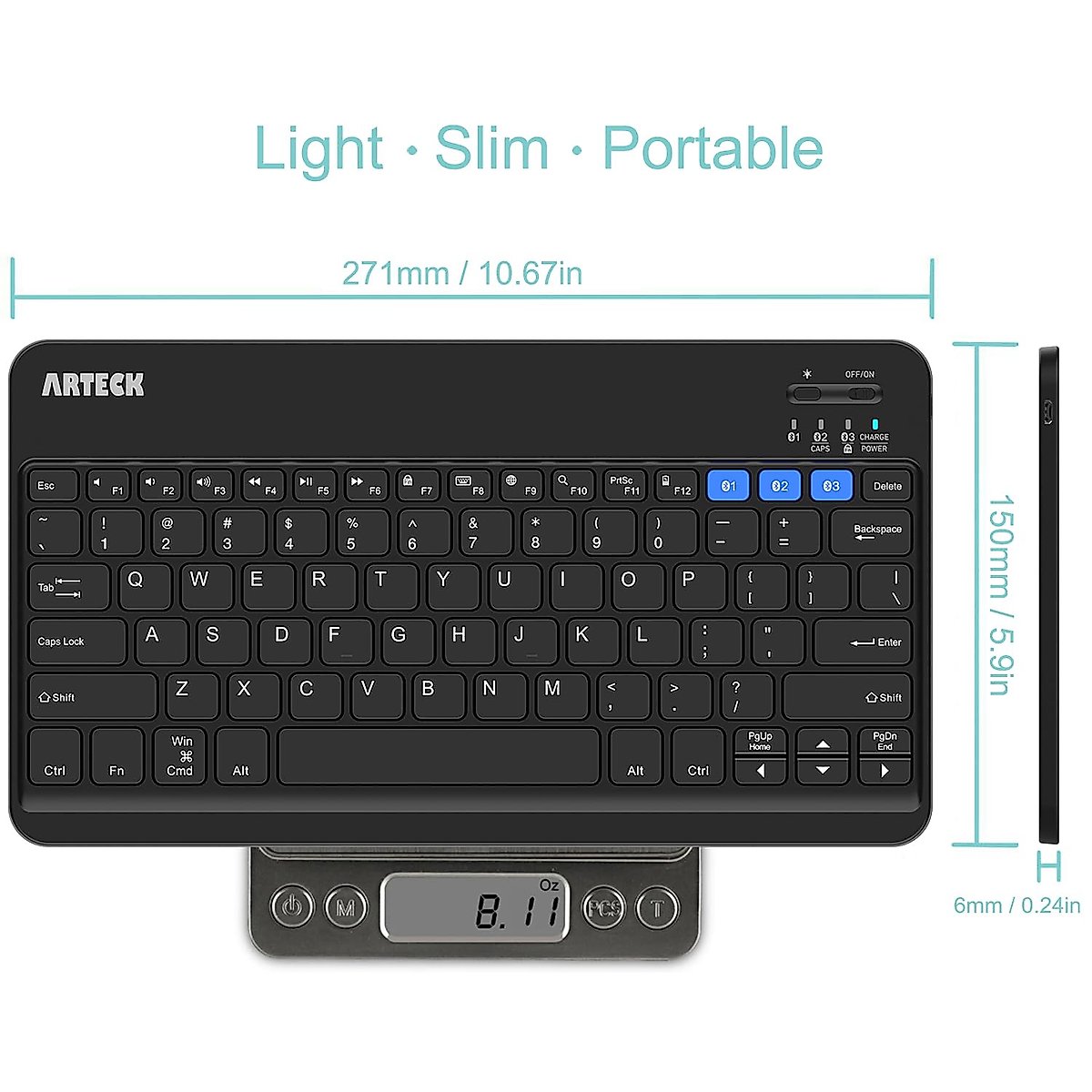 Arteck HB220B Universal Backlit 7-Colors & Adjustable Brightness Multi-Device Slim Portable Wireless Bluetooth 3.0 Keyboard for iOS, Android, Windows Tablet PC Smartphone Built in Rechargeable Battery