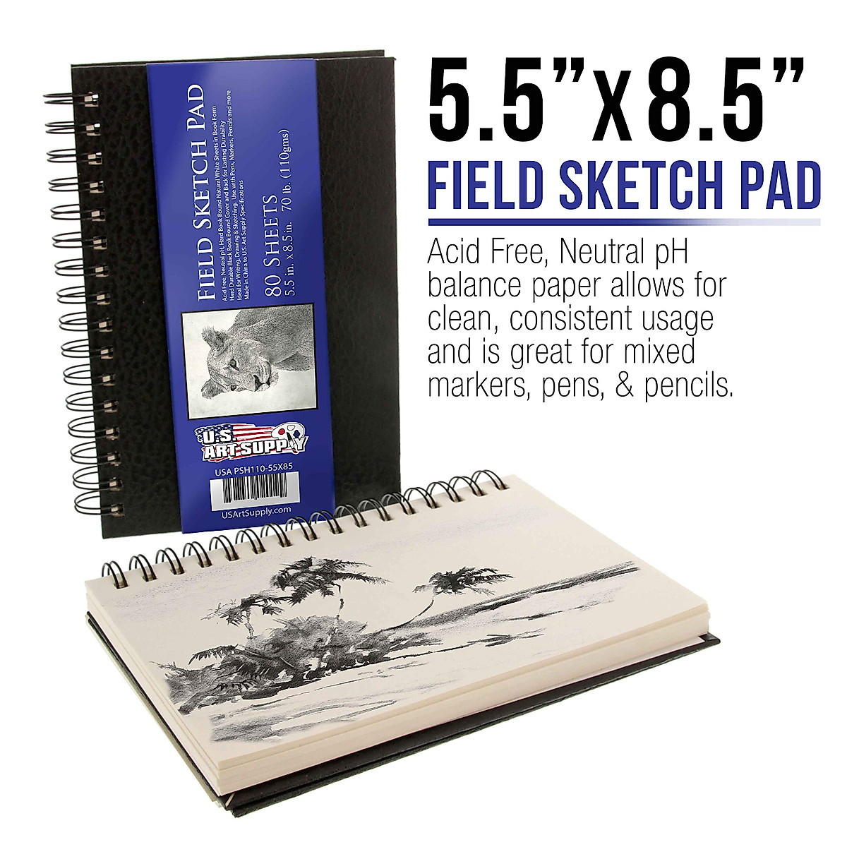 U.S. Art Supply 5.5" x 8.5" Premium Hardbound Sketch Book, Pack of 2, 80 Sheets Each, 70 lb (110gsm) - Hardcover Spiral Bound Artist Field Sketch Pad, Acid-Free Drawing Paper - Kids, Adults, Students