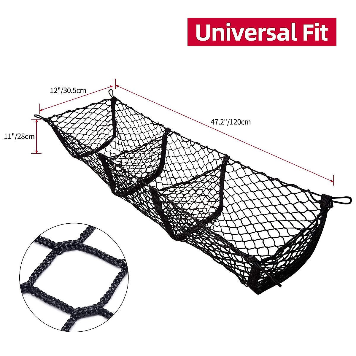 BDFHYK 3 Pocket Cargo Net Trunk Bed Organizer, Black Mesh Storage Net with 4 Metal Hooks, Heavy Duty Cargo Net for SUV, Cars, Pickup Truck Bed, 47.2 x 12 x 11 inches