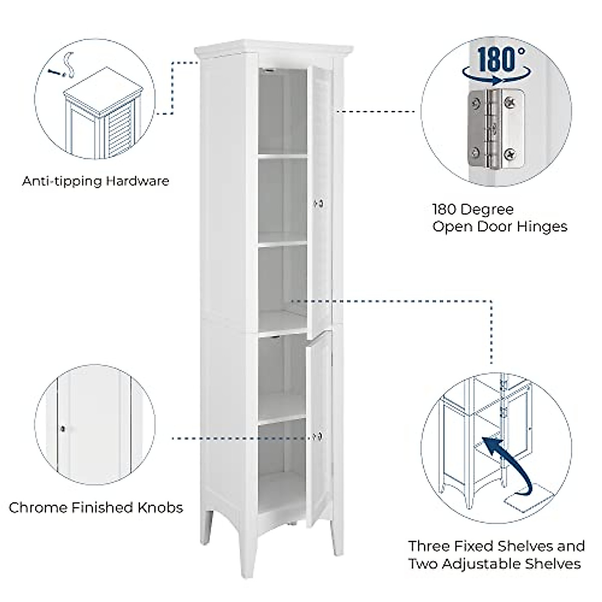 Elegant Home Fashions Glancy Linen Tower Freestanding Cabinet Tall Narrow Bathroom Kitchen Living Room Storage with 2 Shutter Doors 5 Tier Shelves, White, Standard