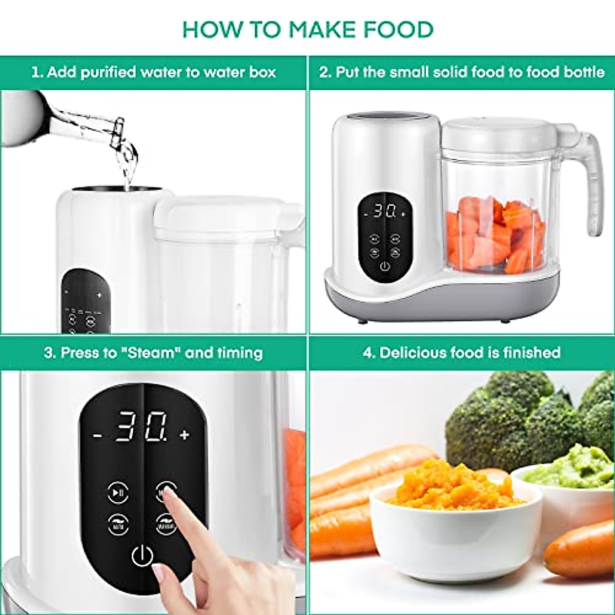 TLGREEN Baby Food Maker Steamer and Blender | Baby Puree Maker with Self Cleans | Baby Food Warmer Mills Machine | Auto Cooking & Grinding | Anti Waterproof Drying System | Touch Screen Control White